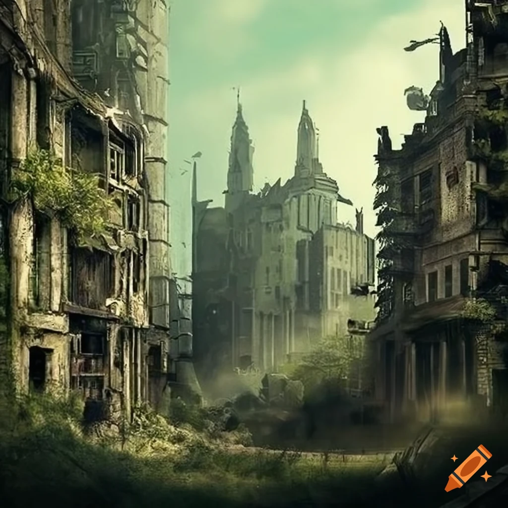 Post-apocalyptic high fantasy city reclaimed by nature, crumbling buildings, overgrown streets ...