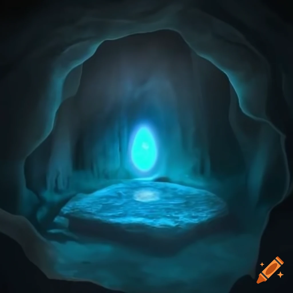 Create a photo of a dark, gloomy cave in the middle of which lies a ...
