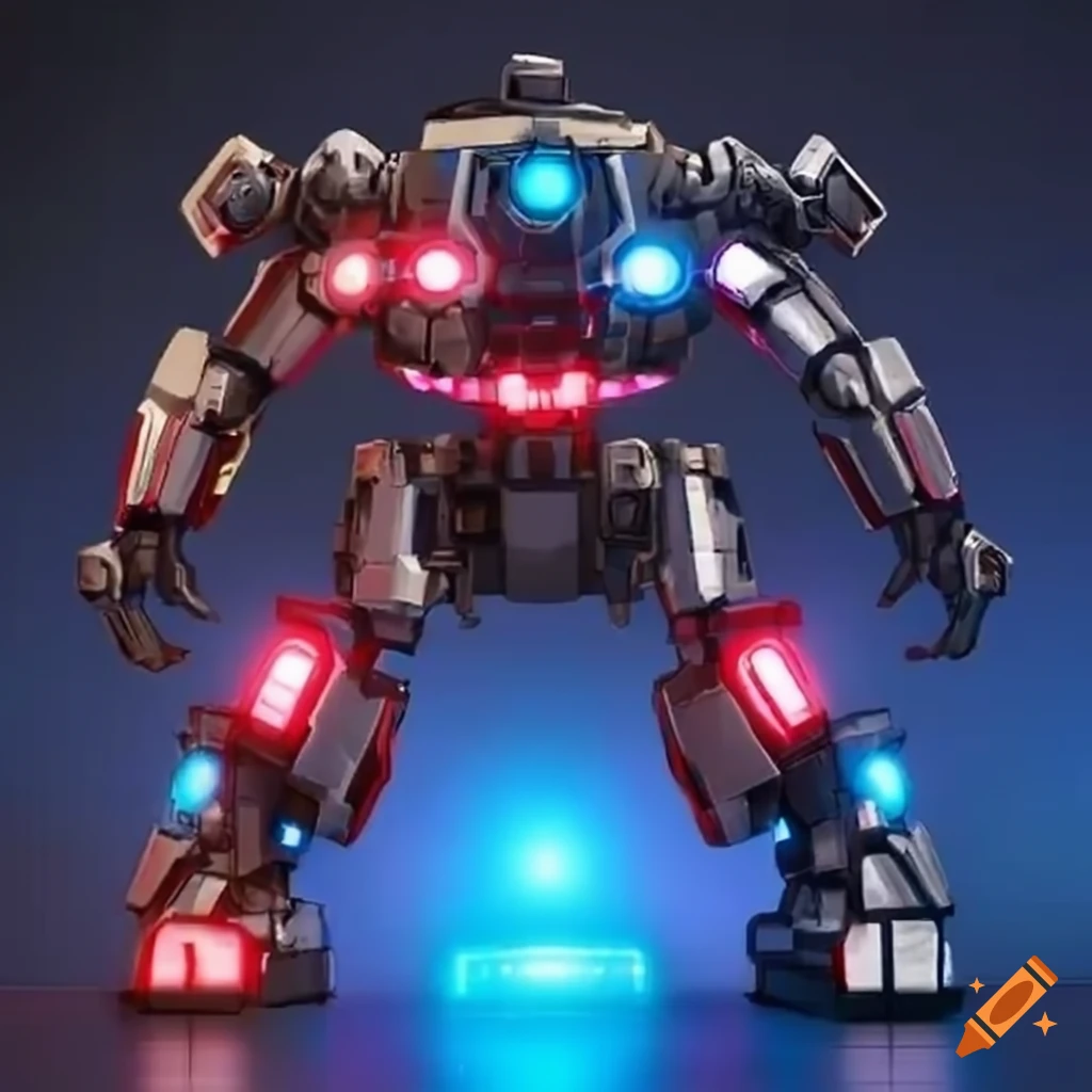 Anime giant police robot mech with red and blue lights