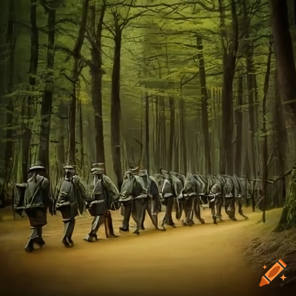 Painting of german soldiers marching through forest on Craiyon