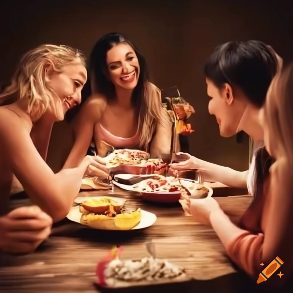 Friends eating dinner and smiling on Craiyon