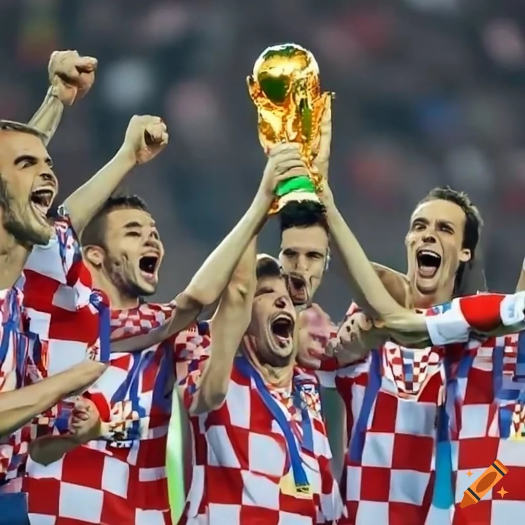 Croatia soccer team celebrating victory with the World Cup trophy on ...