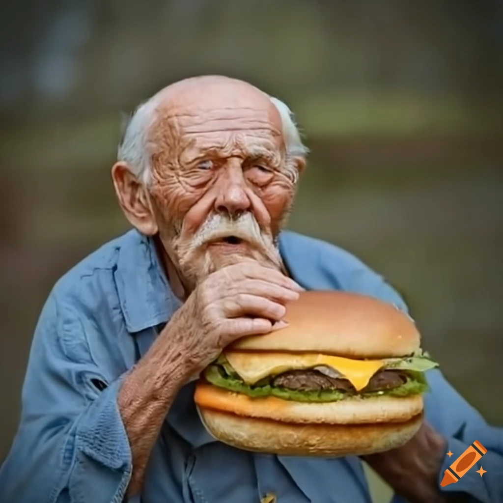 Old man with cheeseburger