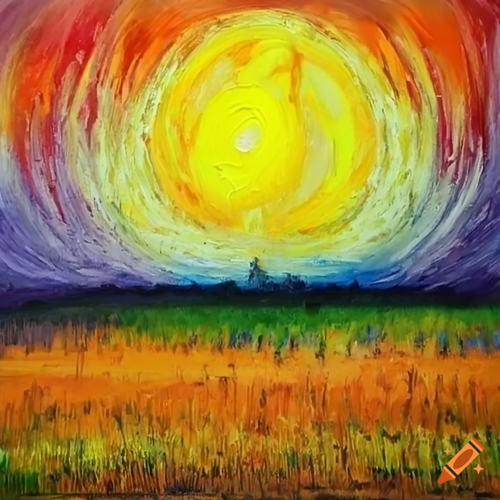 Big sun. Field. Oil painting. Very detailed drawing. Maximum ...