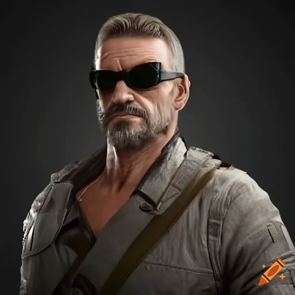 Portrait of a confident middle-aged action hero with aviator glasses on ...