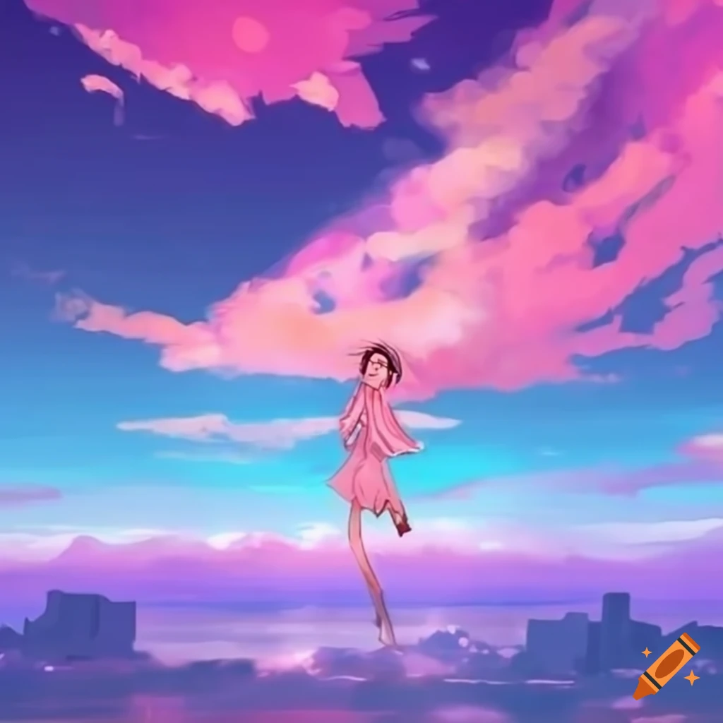 Anime pastel pink girl levitating in the sky dusk on Craiyon