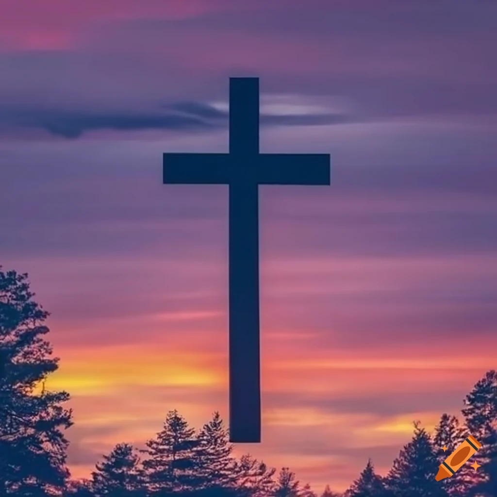 A stunning sunset with a cross-shaped cloud over the tree on Craiyon