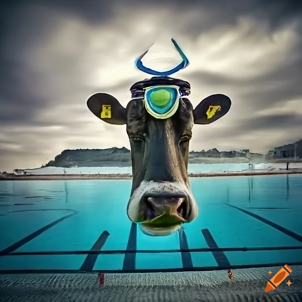 Comedic photo of a large dairy cow wearing a snorkeling mask, standing ...
