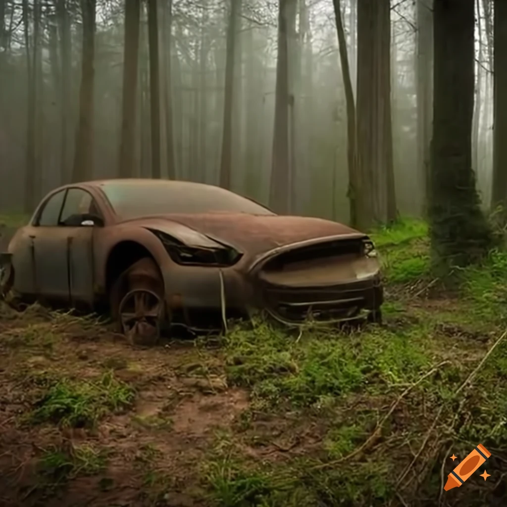 Car cemetery full of old and rusted Tesla's in the Forrest with fog ...