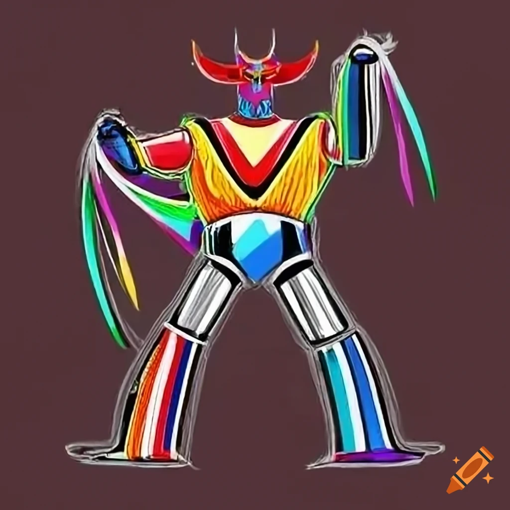 A colorful grendizer robot wearing a rainbow cape, striking a disco ...