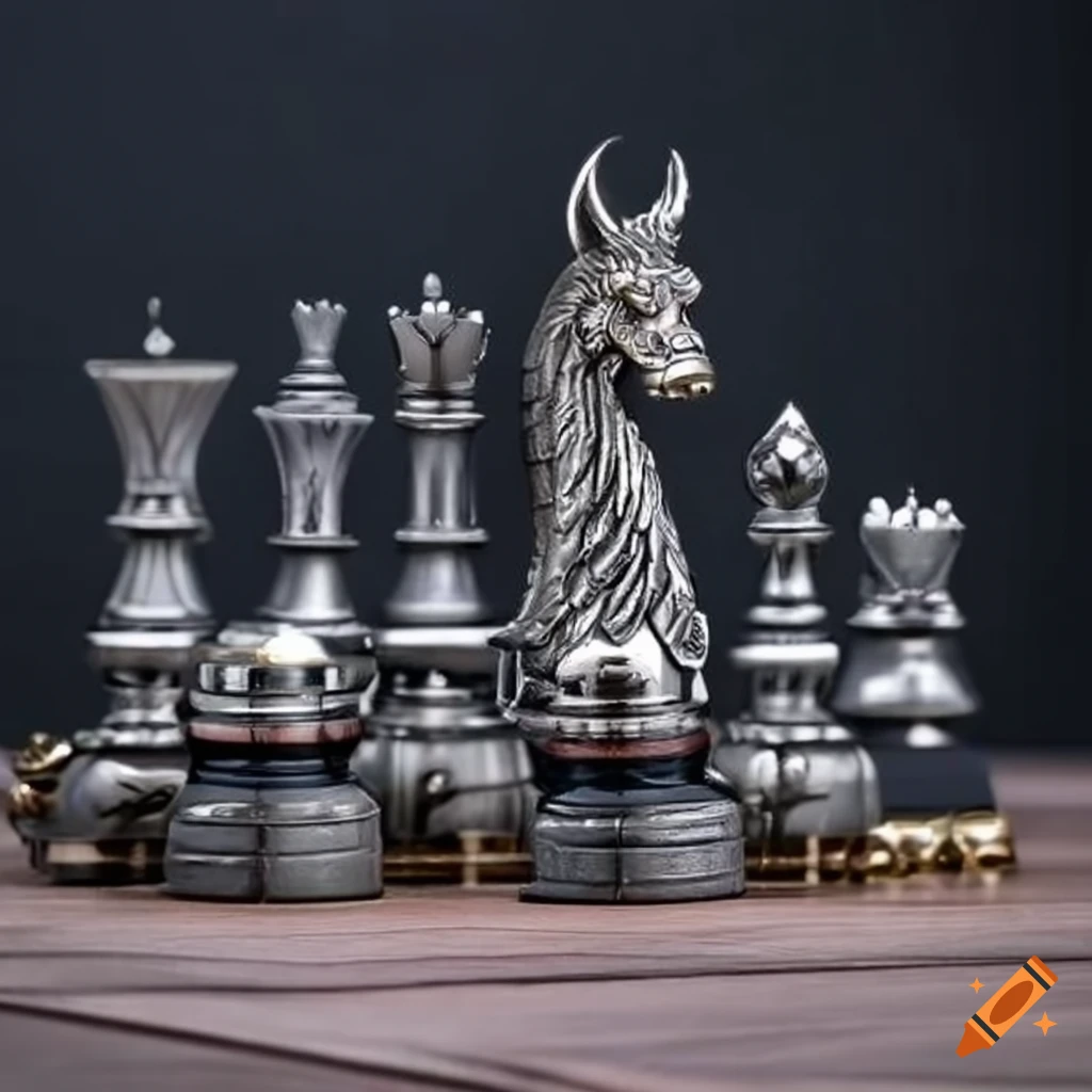 Chess set with intricate mythical creature designs, metallic finish on ...