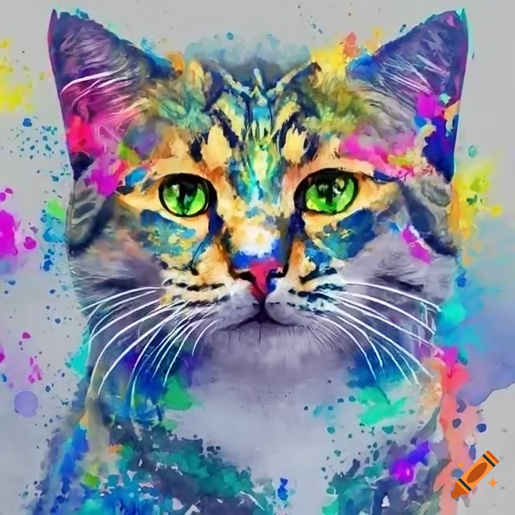 A playful cat surrounded by vibrant watercolor splashes