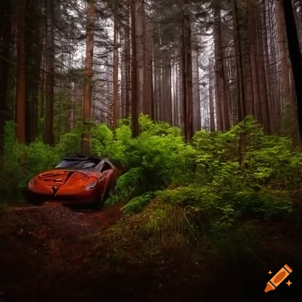 Many abandoned and rusted tesla cars engulfed by nature, surrounded by ...