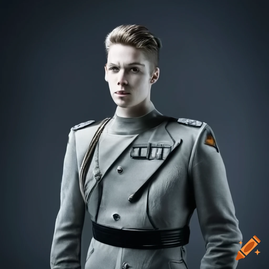 Male starship officer from a sci-fi empire looking at the camera ...