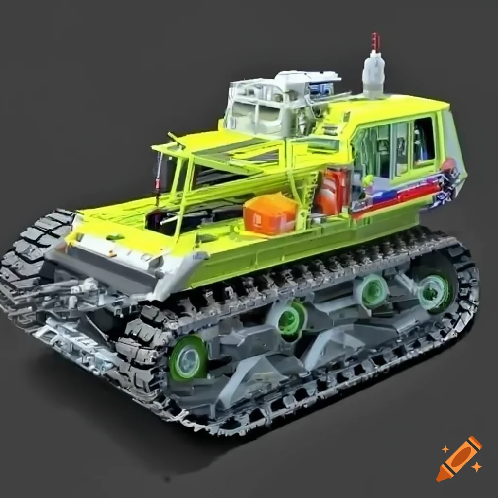 Tracked crawler vehicle, designed for rescue missions, neon cockpit ...