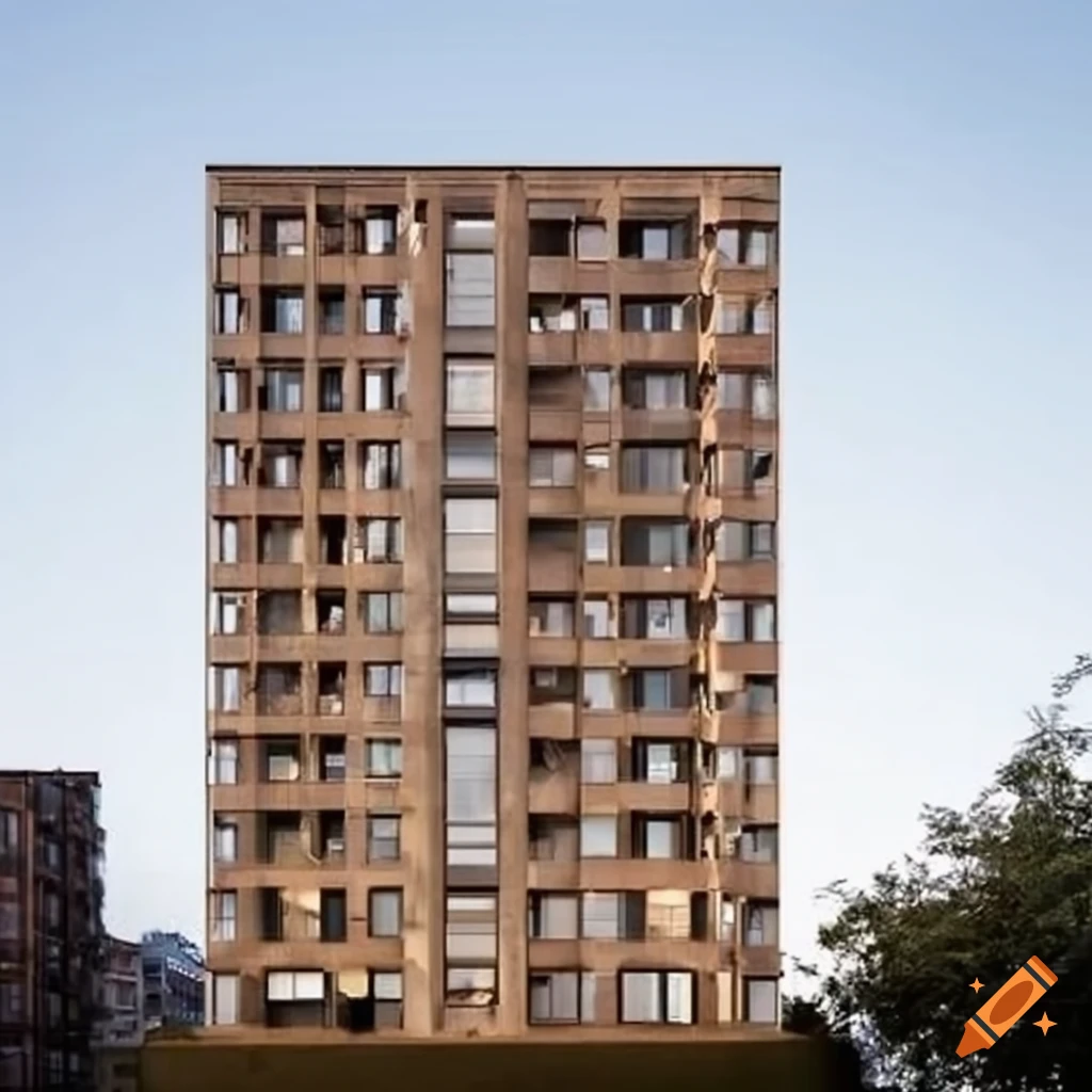 Flat facade of 12 story residential apartment with a 25 m width in neo ...