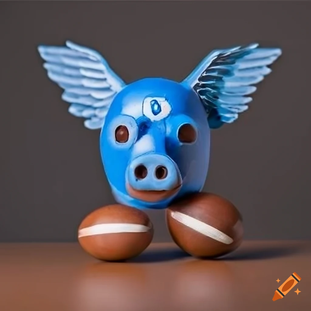 Pig shaped blue american football with wings with brown football on Craiyon
