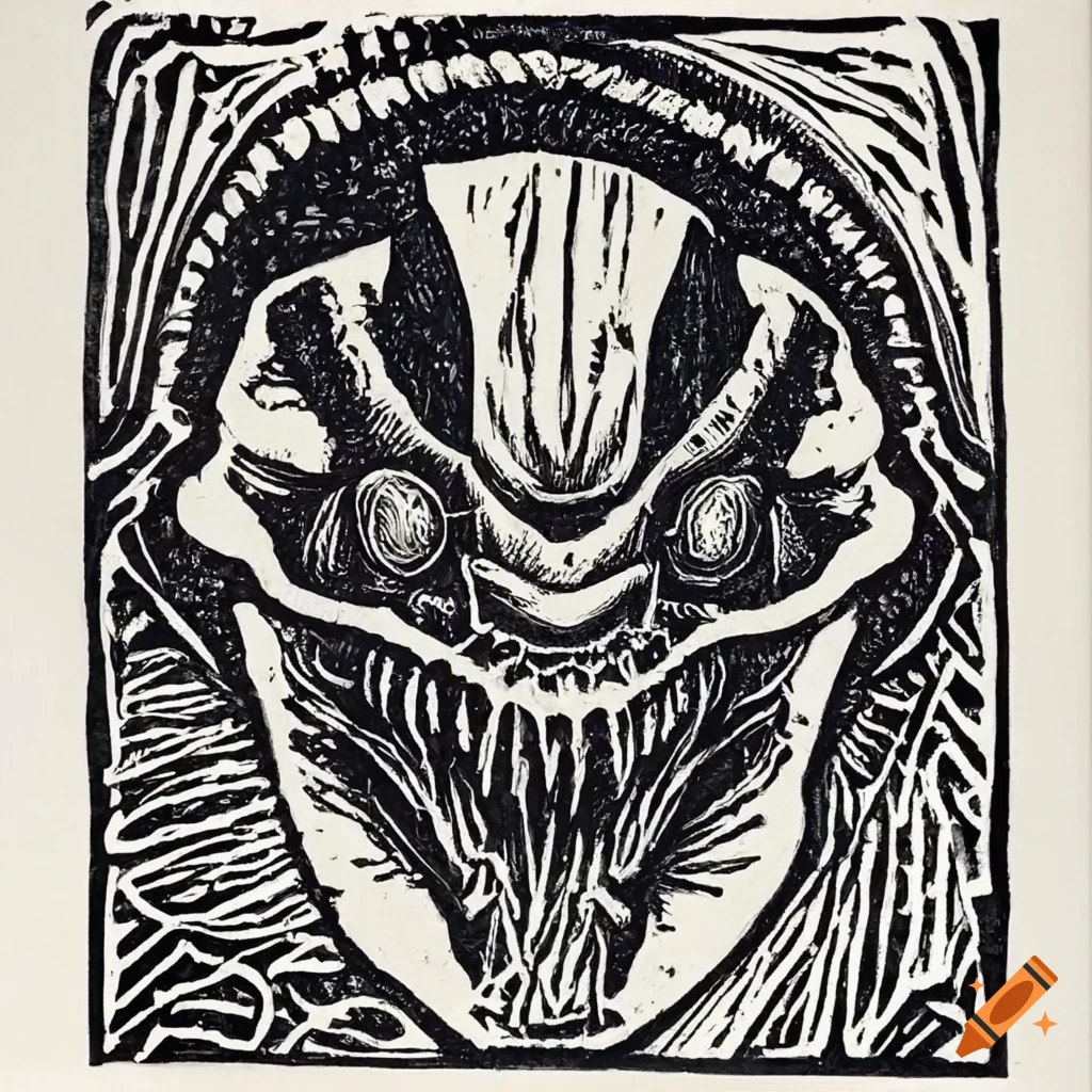 Face closeup linocut print of an otherworldly Tyranid alien creature ...