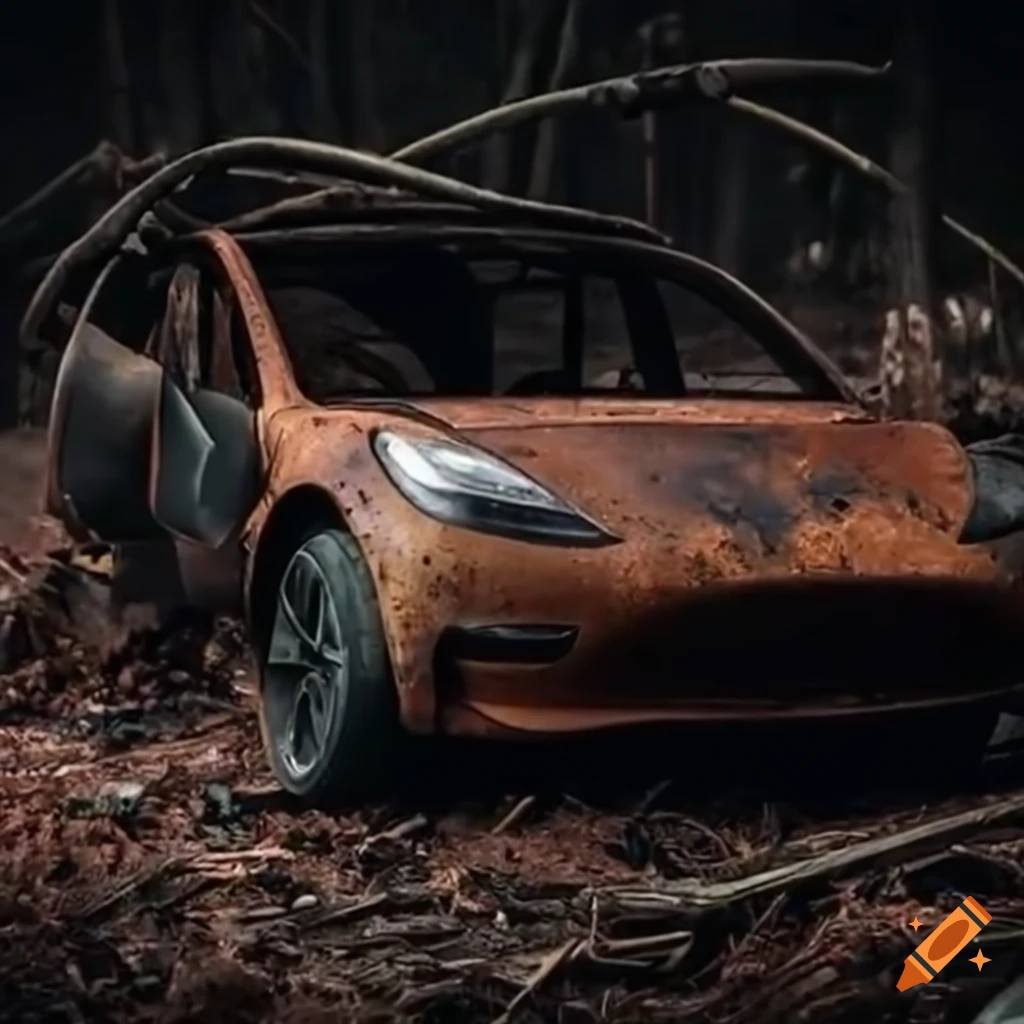 Several burned out rusted broken tesla's model 3 engulfed by red forest ...