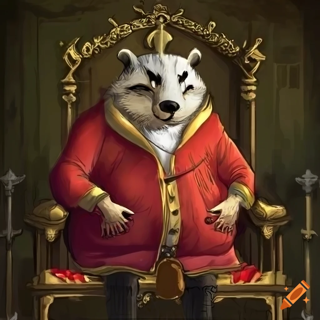 A fat bloated gluttonous anthro badger king wearing a royal coat with ...