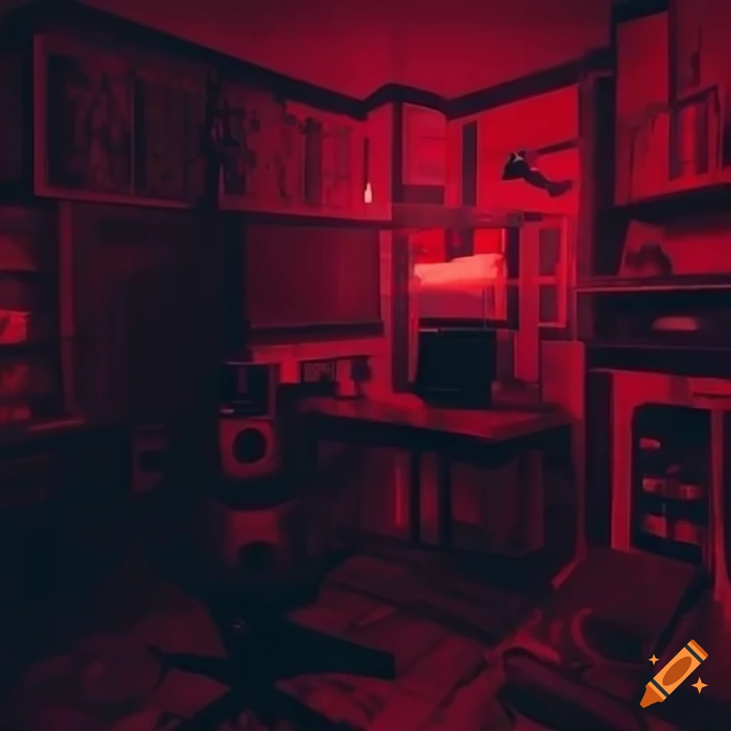 An immersive video game environment with red and black aesthetics