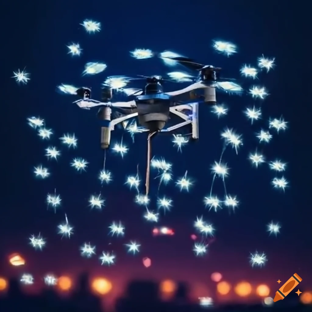 Swarm drone show with lights over a city on Craiyon