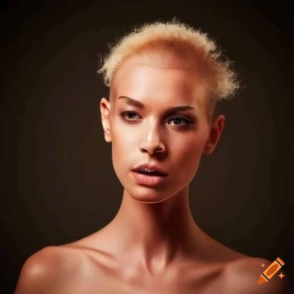 Woman in a vibrant sundress, exuding confidence with a shaved head on ...