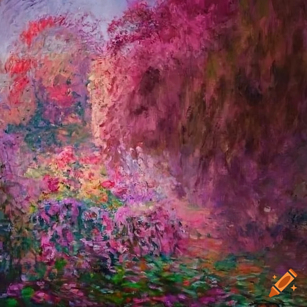 A beautiful garden scene seen through a window in pink hues in the ...