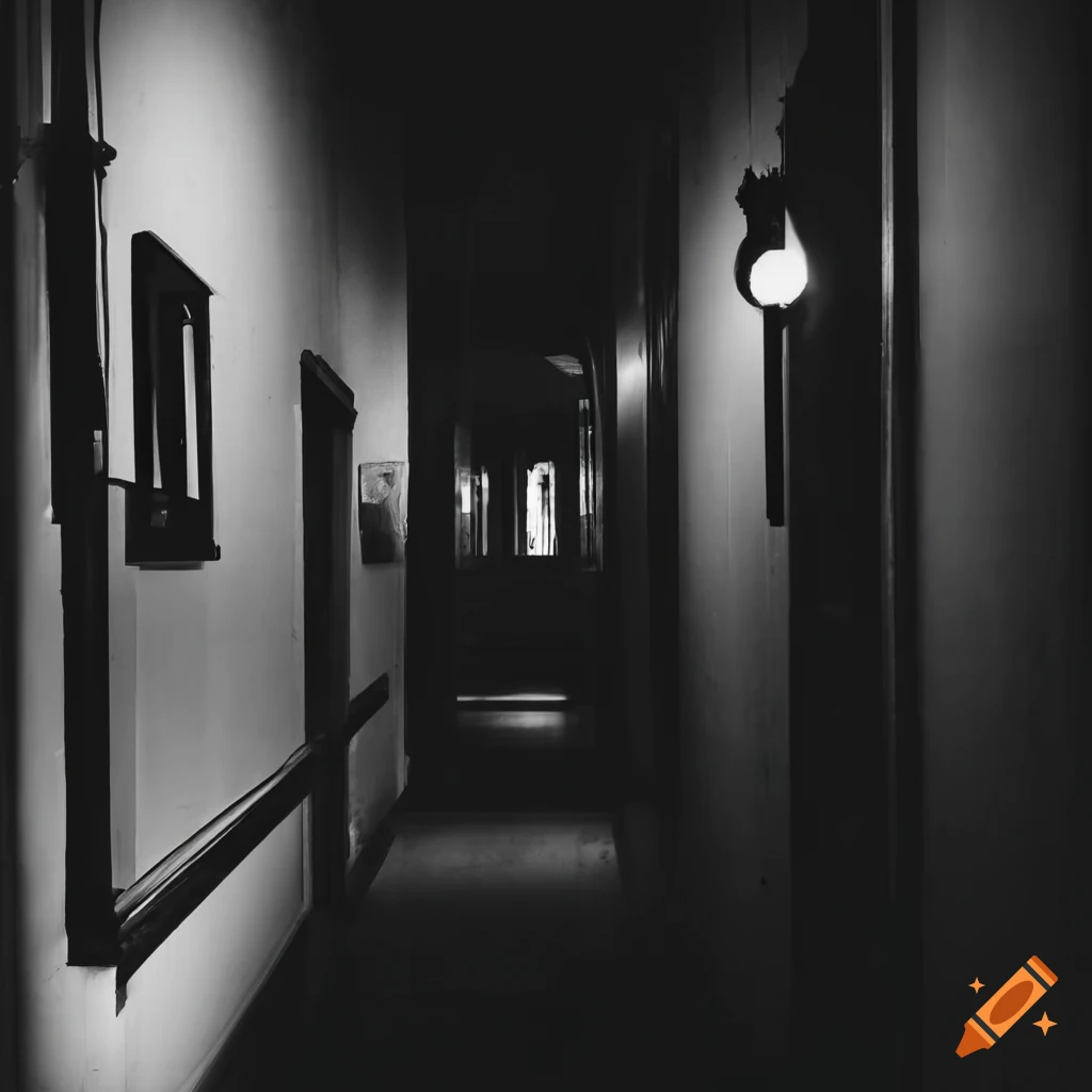 Dark hallway with dim lights with and white eyes at the end of the ...