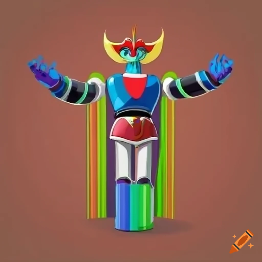 A rainbow colored cartoon robot with hands in the air, inspired by ...