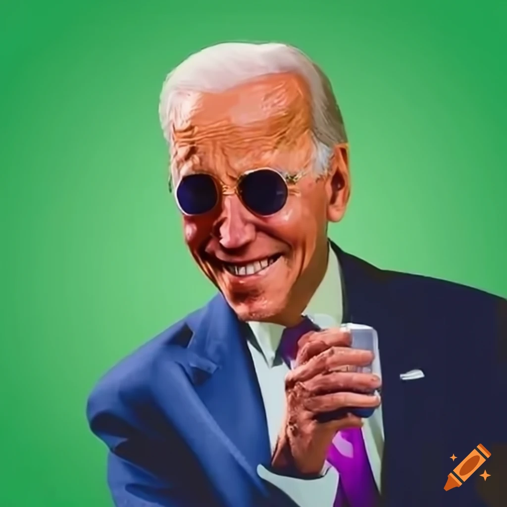 Smiling joe biden in sunglasses holding soda on green background