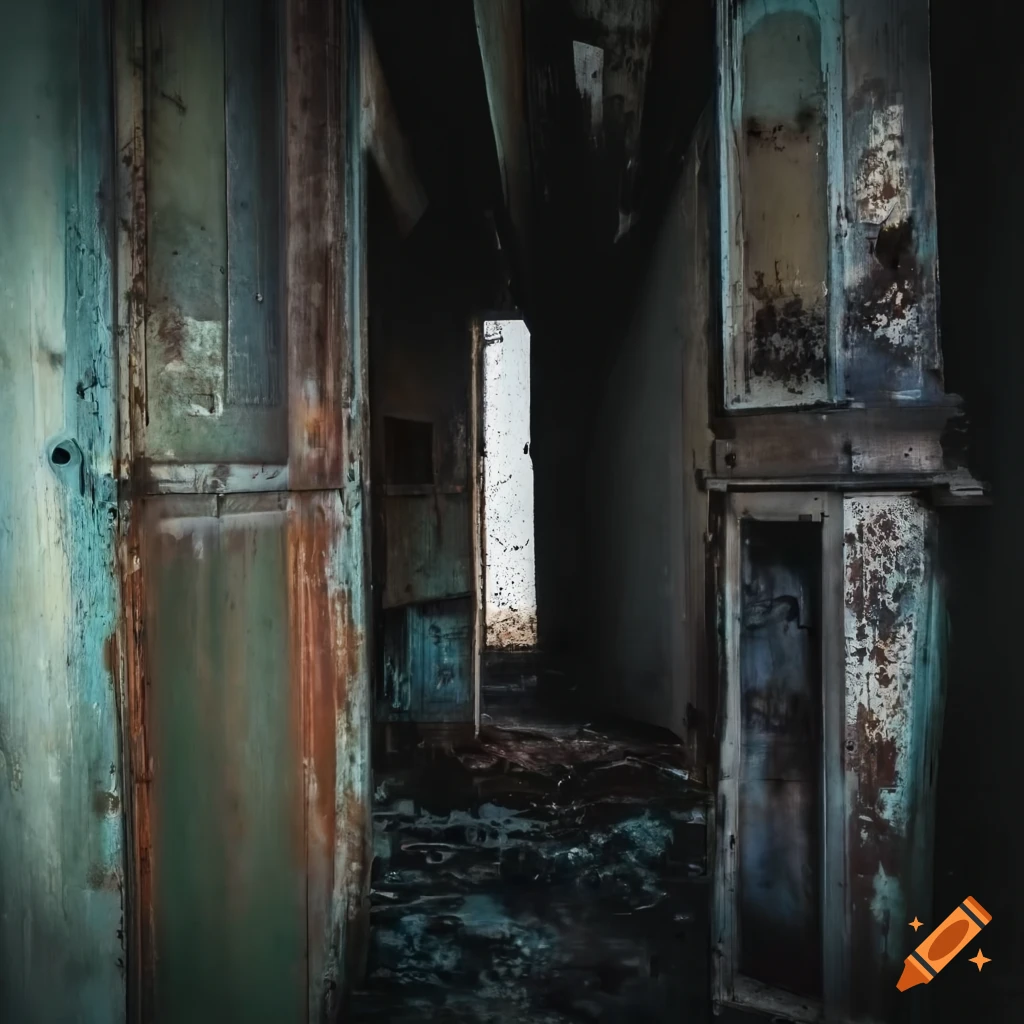 Detailed portrait of dark abandoned bunker with rusted metal doors ...