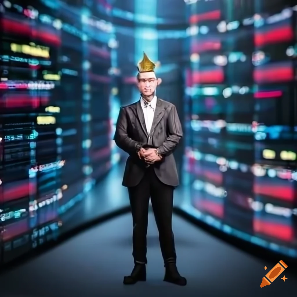 Stock trader wearing a crown full body standing in front of many ...