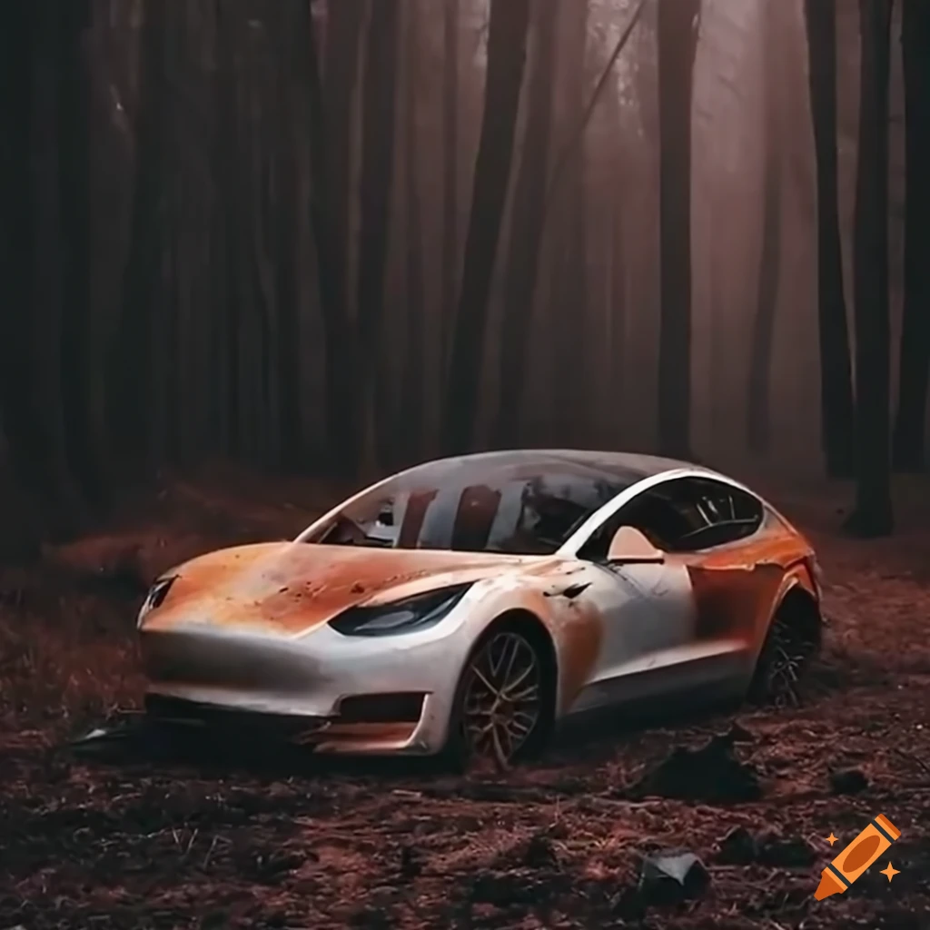 Several burned out rusted broken tesla's model 3 engulfed by red forest ...