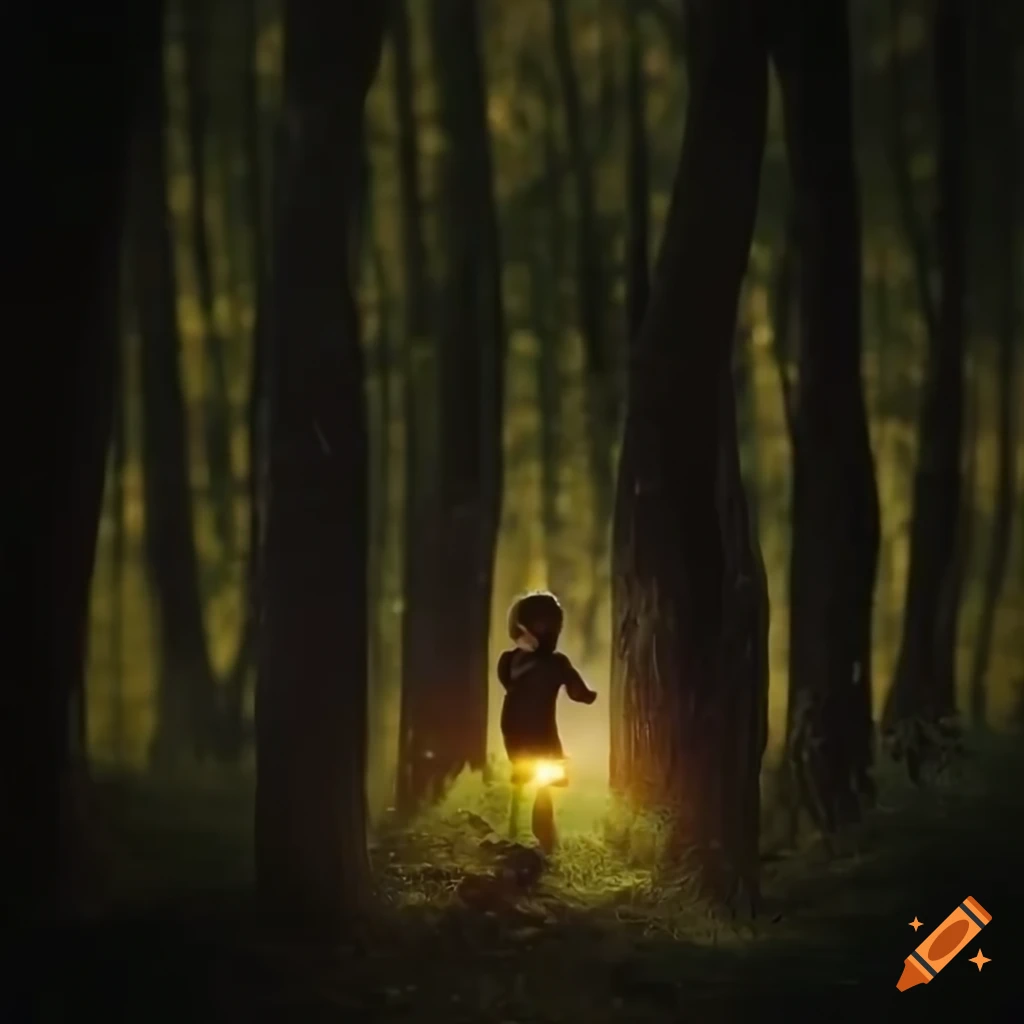 Small boy standing deep in the forest surrounded by trees during ...