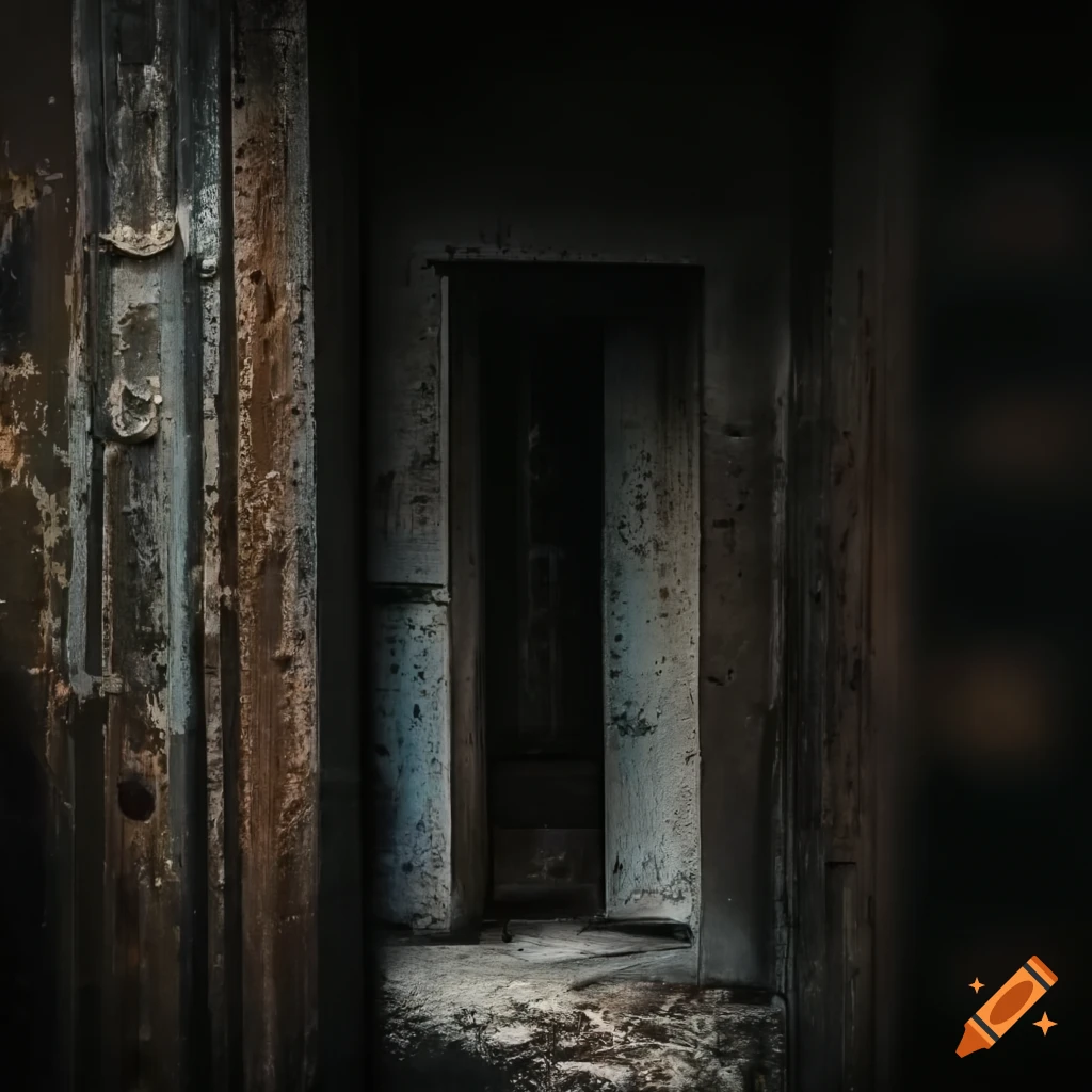 Detailed photograph of dark abandoned bunker with rusted metal doors ...