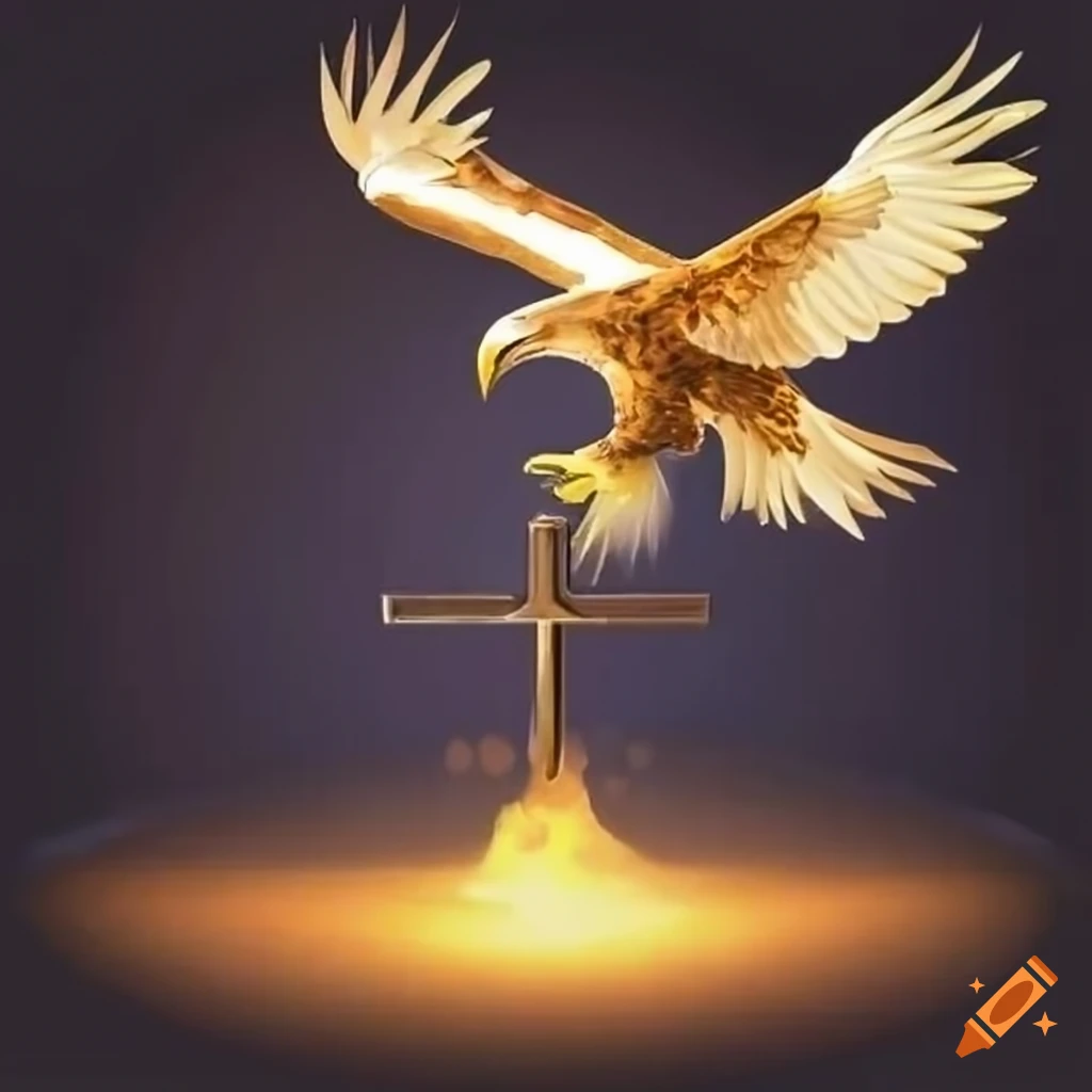 A golden Christian cross with an eagle soaring above it on Craiyon