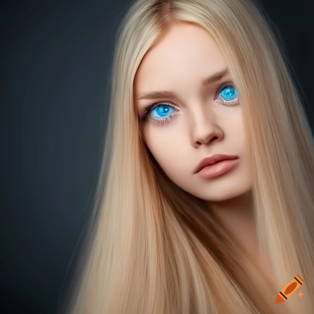 Portrait of a beautiful woman, blonde long hair, blue eyes, looking at the camera ...