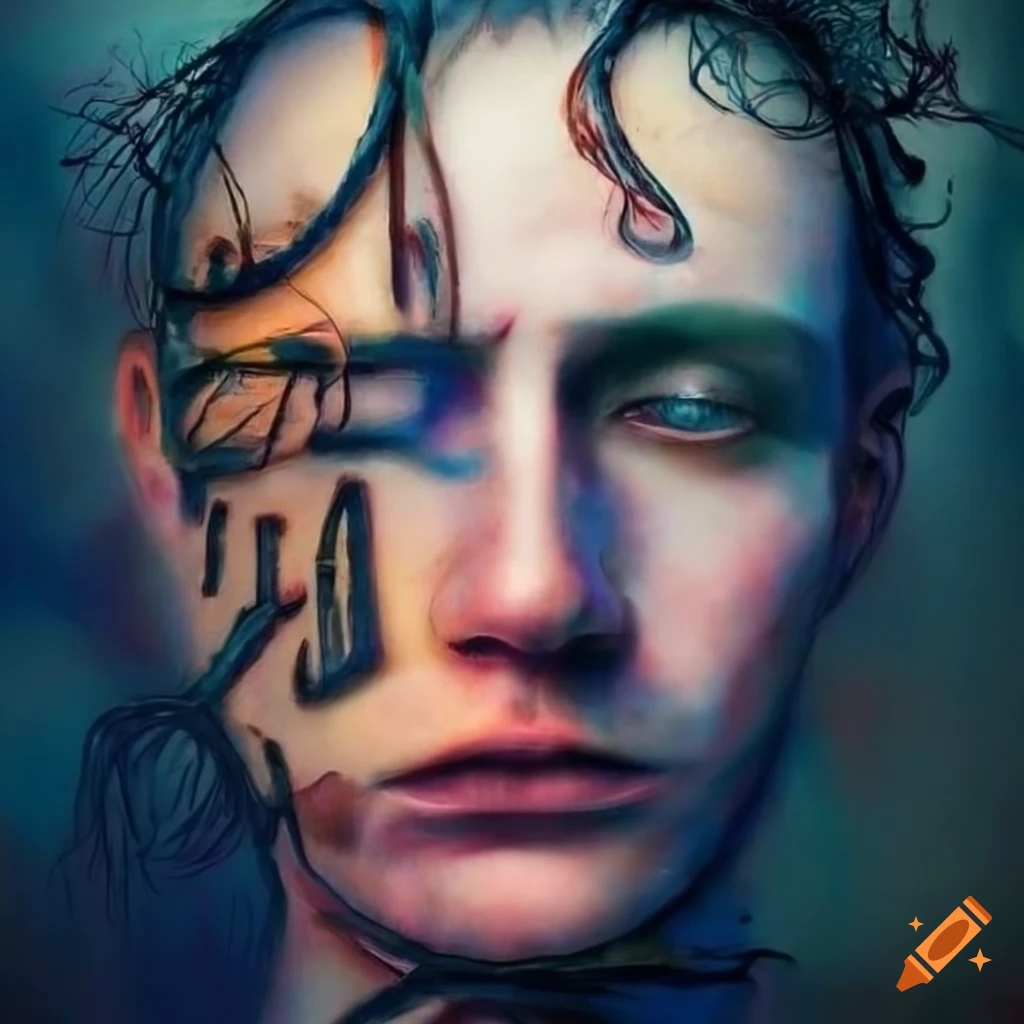 Words written on a man’s face. Abstract realism psychological dream ...