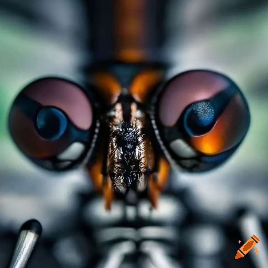 Close up robot fly with camera eyes