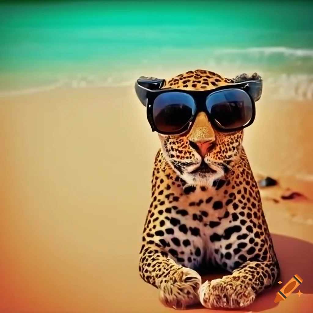 Leopard with sunglasses on the beach on Craiyon