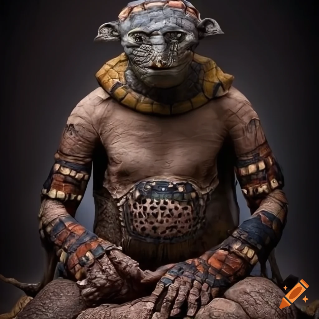 Ancient turtle humanoid, thick build, tribal garb, dark atmosphere ...