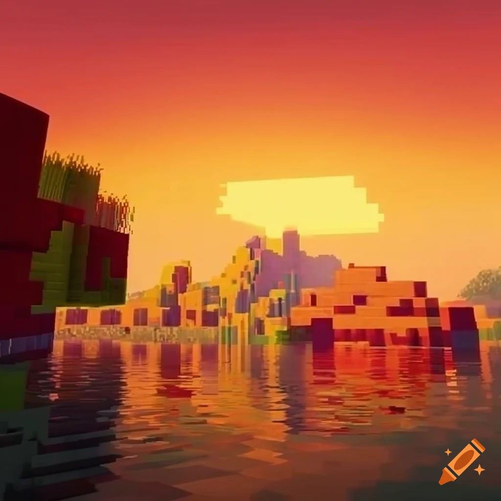 The art features a breathtaking Minecraft landscape bathed in a vibrant ...