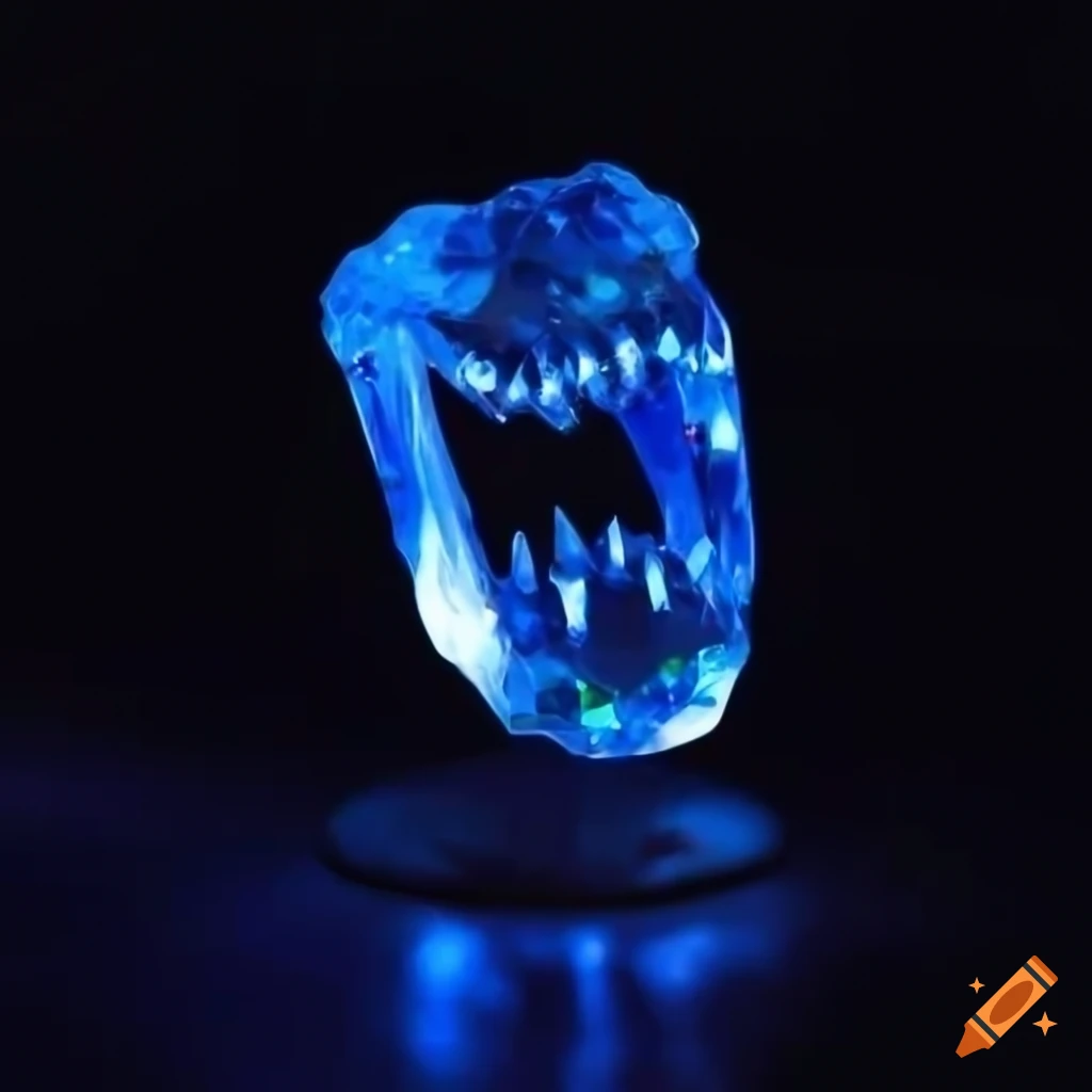 Sharp crystal teeth with fangs sculpture glowing underlit in a black ...