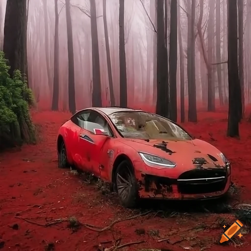 Many abandoned and rusted tesla cars engulfed by red nature, surrounded ...