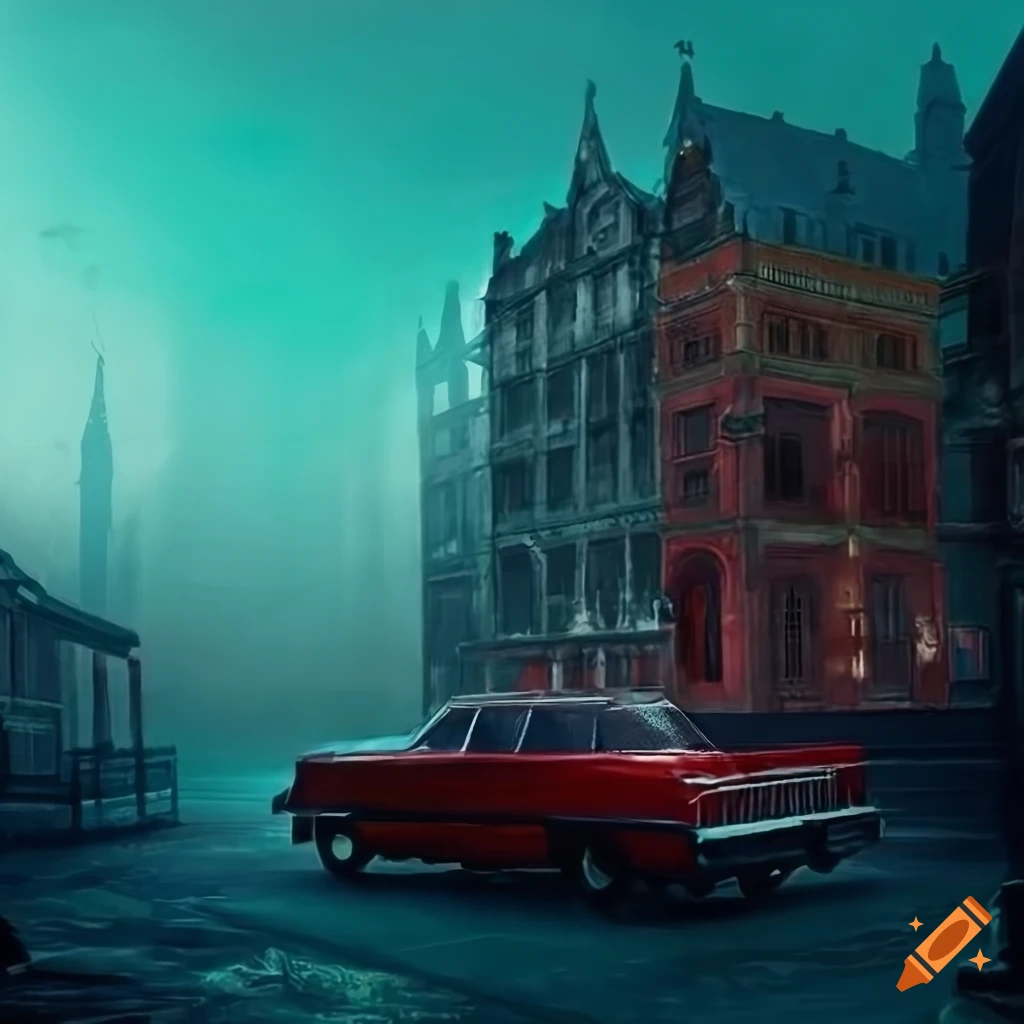 Realistic pulp artwork of a early morning on a old downtown with old ...