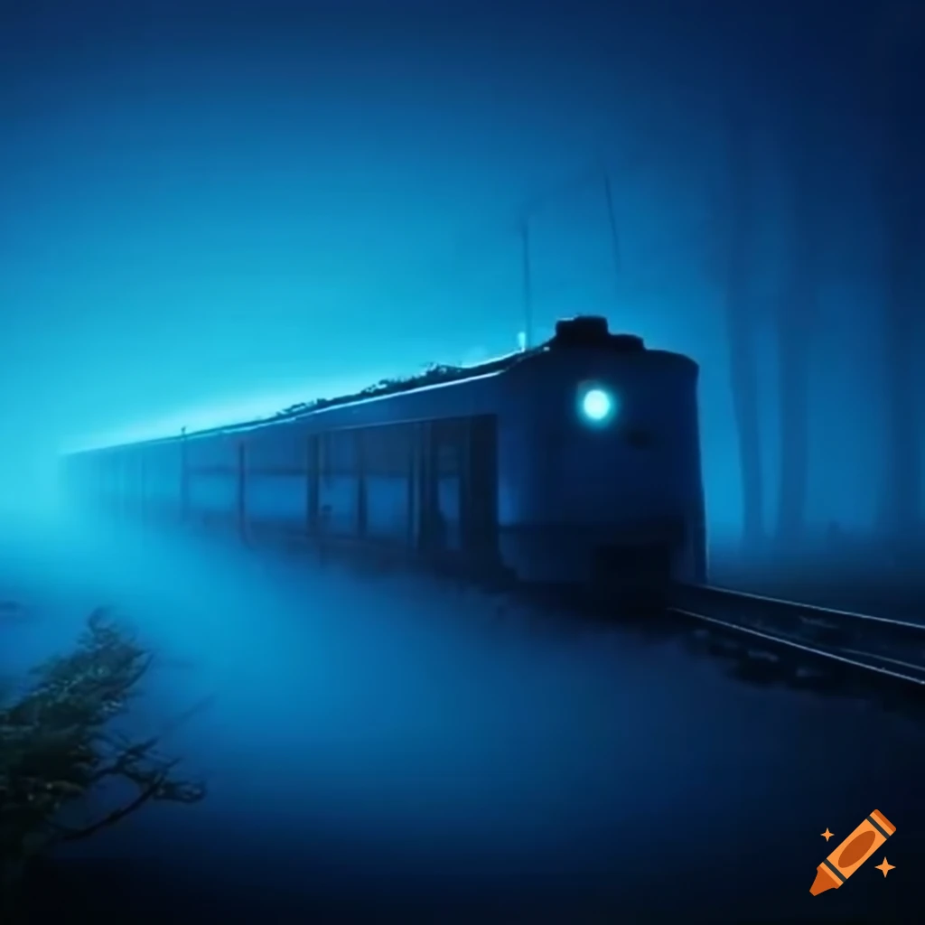 Ghostly train in blue fog