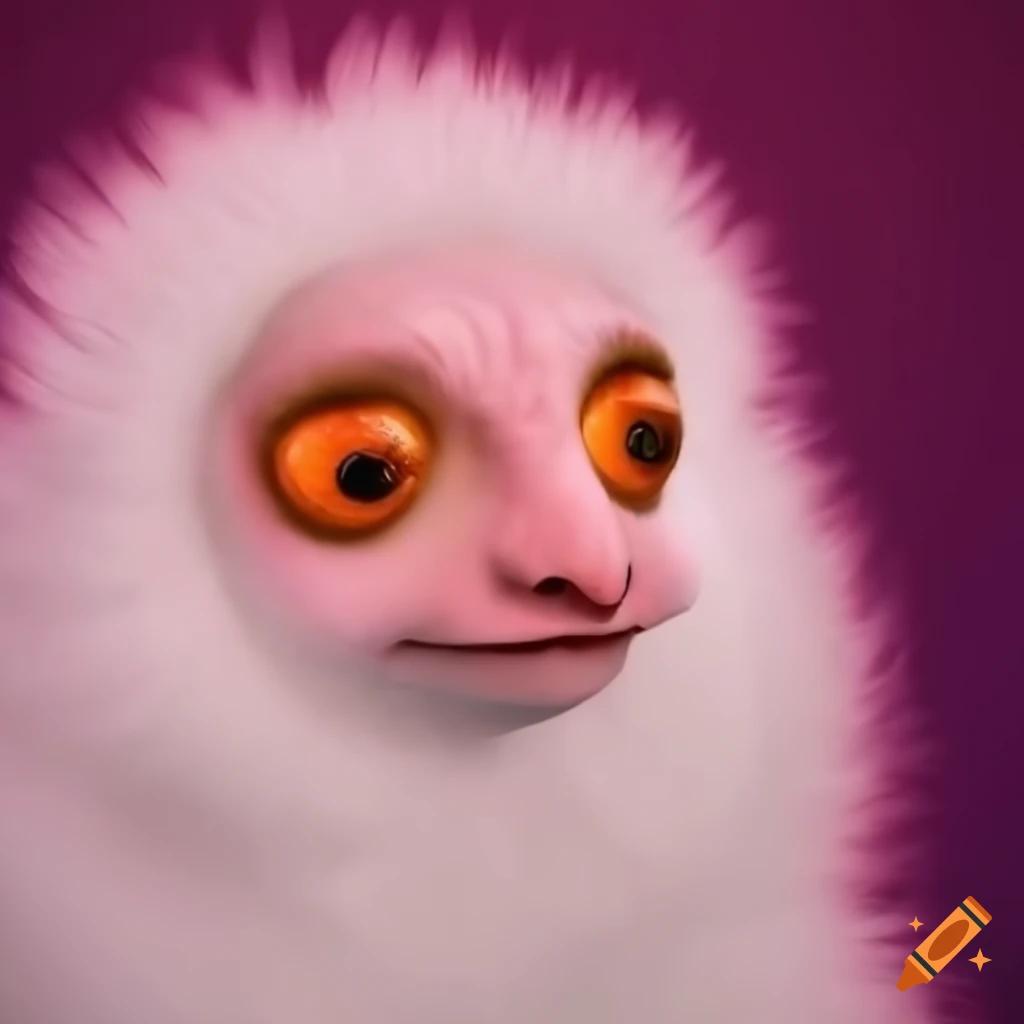 A white fluffy creature that is realistic and has Orange eyes a big ...