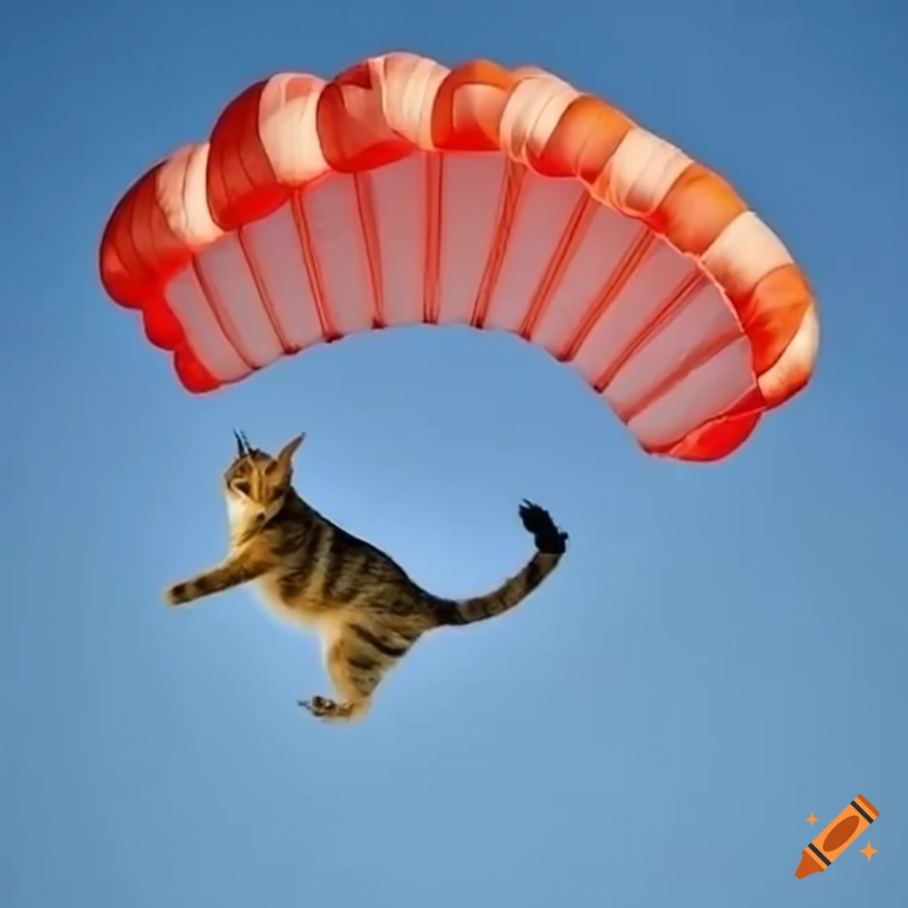 The cat is flying on a parachute
