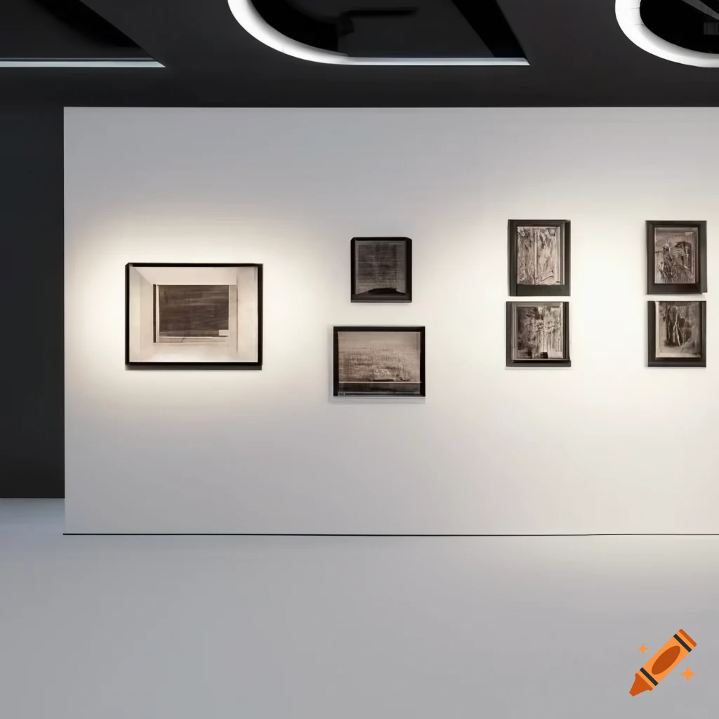 3d architectural rendering of an art exhibition with diverse artwork ...
